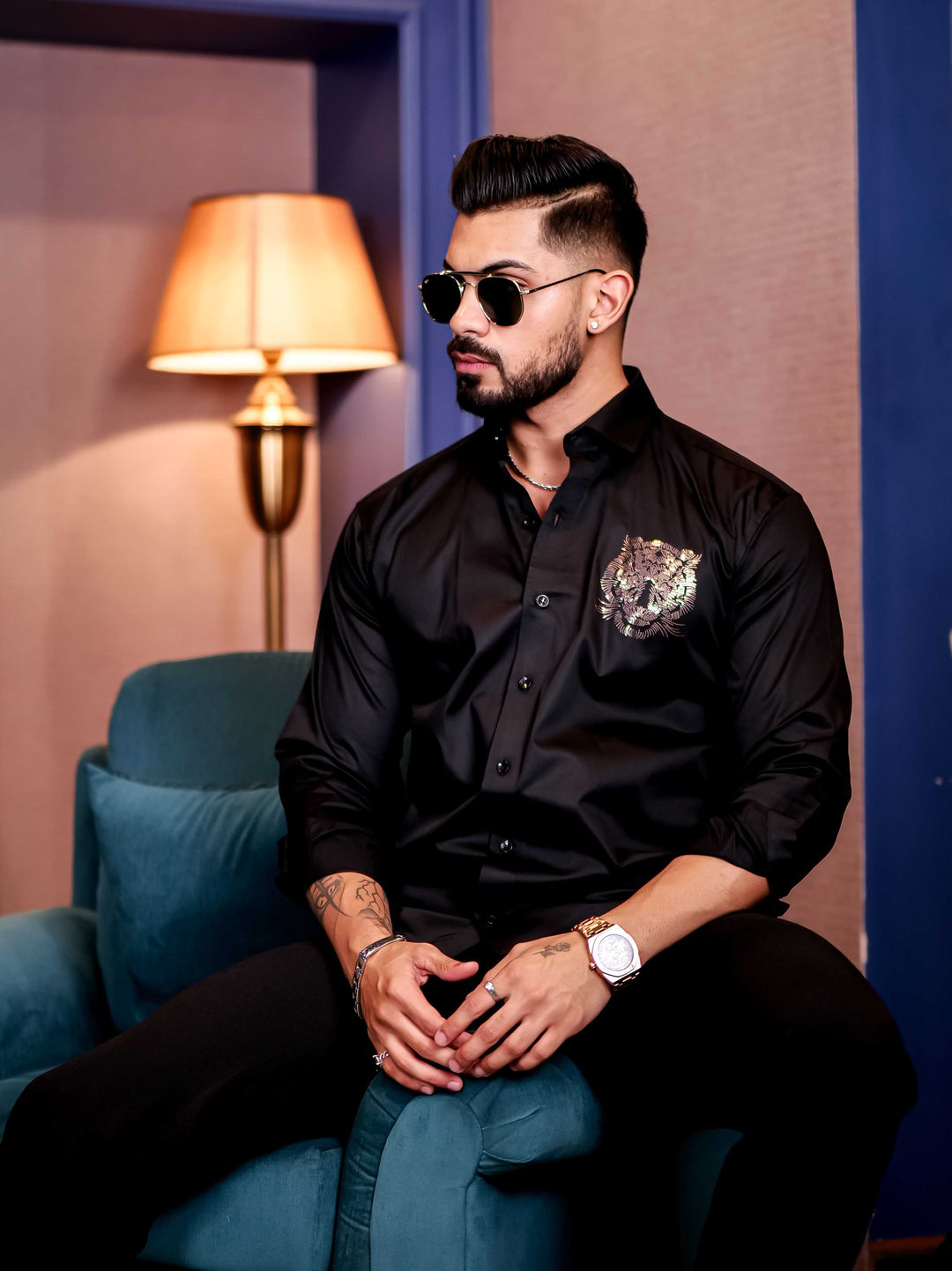 Black Club Wear Tiger Sequence Satin Cotton Party Shirt – The Foomer